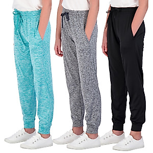 Real Essentials Girl's Dry Fit Joggers Sweatpants | Soft Athletic Pants for Teens & Kids | Casual Running & Sports | Joggers with Pockets & Drawstring - Set 5, Small (Pack of 3)