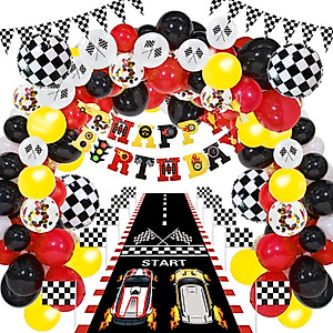 124 Pcs Race Car Birthday Party Supplies, Race Car Balloon Garland Kit with Racetrack Checked Flags HAPPY BIRTHDAY Banner Black and White Pennant Banner for Race Car Party Decorations