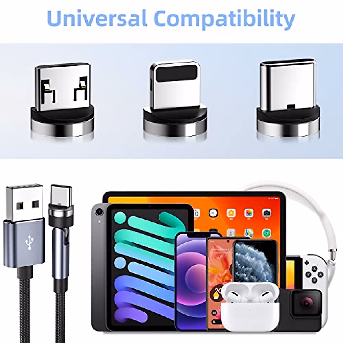 seynli (2-Pack) 10ft 3-in-1Magnetic Charging Cable, 540° Rotatable Magnetic Phone Charger 10' Long Charge Cable Support Fast Charging, 480Mbps Data Sync, Compatible with iPhone, USB C, Micro USB