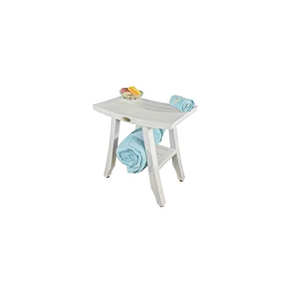 CoastalVogue Teak Satori Shower Bench Wooden Seat Spa Shower Stool with Curved Seat and Shelf Teak Wood Shower Bench in Antique White Finish - 18 inches Length x 12” Width