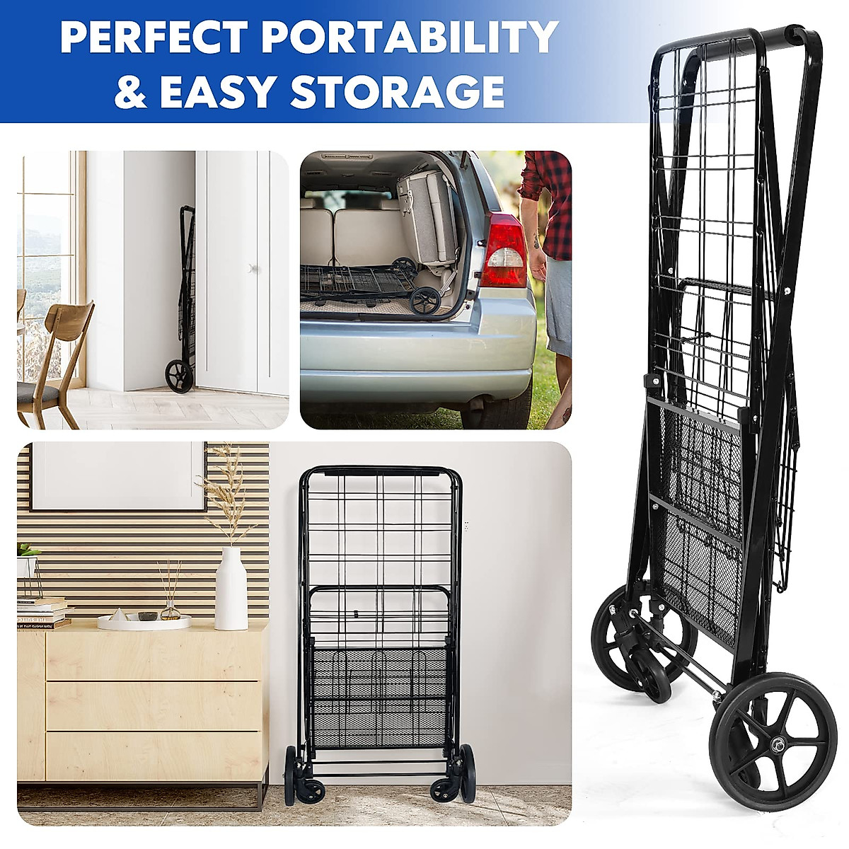 COSTWAY Folding Shopping Cart, Extra Jumbo Double Basket Grocery Cart with 360° Swivel Rolling Bearing Wheels, Dense Metal Mesh Base, Large Capacity Utility Cart for Market, Grocery, Laundry (Black)