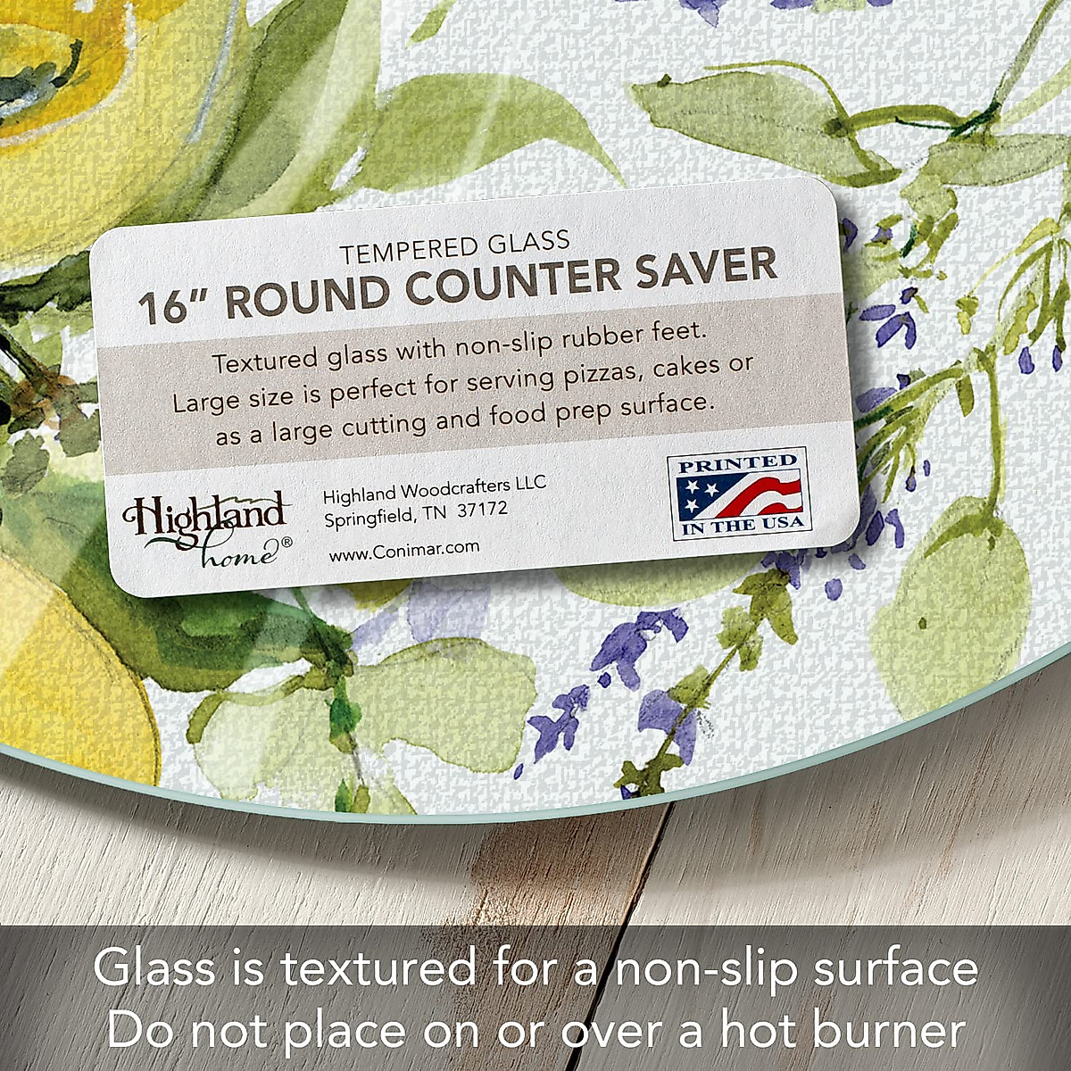 CounterArt Watercolor Lemons 4mm Heat Tolerant Round Tempered Glass Cutting Board 16" Round Manufactured in the USA Food Preparation Board, Cake Plate, Pizza Stand