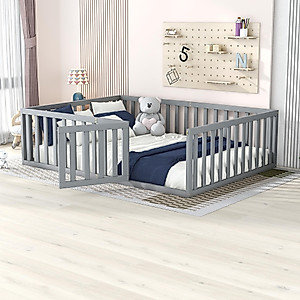 Harper & Bright Designs Full Floor Bed for Kids, Montessori Bed Frame with Guardrails and Door, Wooden Floor Full Bed for Kids, Boys Girls (Full Size, Gray)