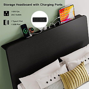 Feonase Twin Bed Frame with Ergonomic Storage Headboard & Charging Station, LED Platform Bed Frame, Heavy Duty Metal Slats, No Box Spring Needed, Easy Assembly, Black