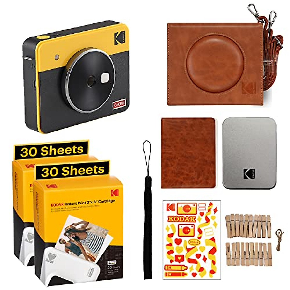 KODAK Mini Shot 3 Retro 4PASS 2-in-1 Instant Digital Camera and Photo Printer (3x3 inches) Initial 8 Sheets + 60 Sheets Gift Bundle, Yellow (NOT Zink)
