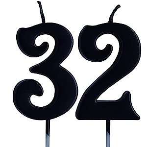 Black 32nd Birthday Candle, Number 32 Years Old Candles Cake Topper, Woman Or Man Party Decorations, Supplies