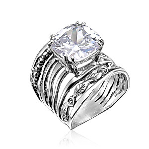 JEAN RACHEL JEWELRY 925 Sterling Silver Ring With 12mm White Cushion Cubic Zirconia Prong Hypoallergenic, Nickel and Lead-free, Facet Cut, Artisan Handcrafted Designer Collection, Made in Israel