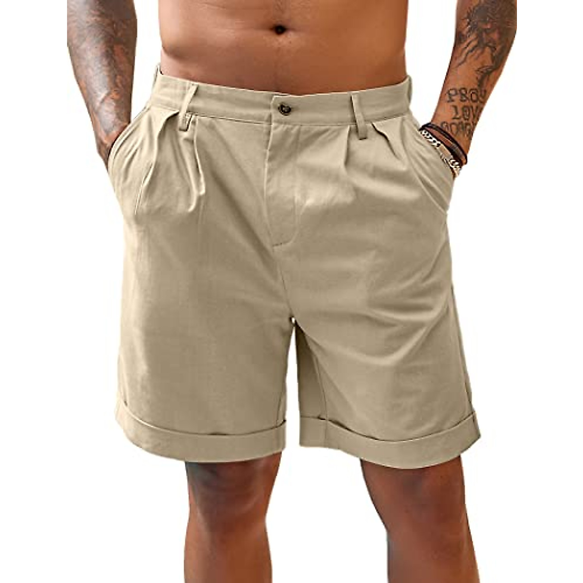 COOFANDY Men’s Linen Casual Shorts Classic Fit 7" Summer Beach Shorts Elastic Waistband with Pockets, Khaki, Medium