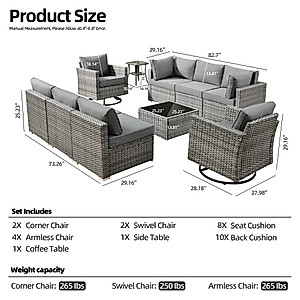 CAODOC Patio Furniture Set, 10 Piece Outdoor Sofa Couch with Rocker Swivel Chairs, Ottomans and Cushions, Wicker Rattan Sofa Set for Yard Garden Porch, Dark Gray