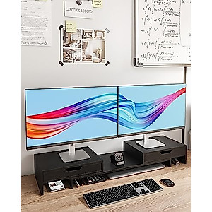 Epesoware Dual Monitor Stand Riser with Adjustable Length and Angle, Bamboo Computer Riser with 2 Extra Drawers, Desk Organizer for Laptop, Computer No Assembly Required