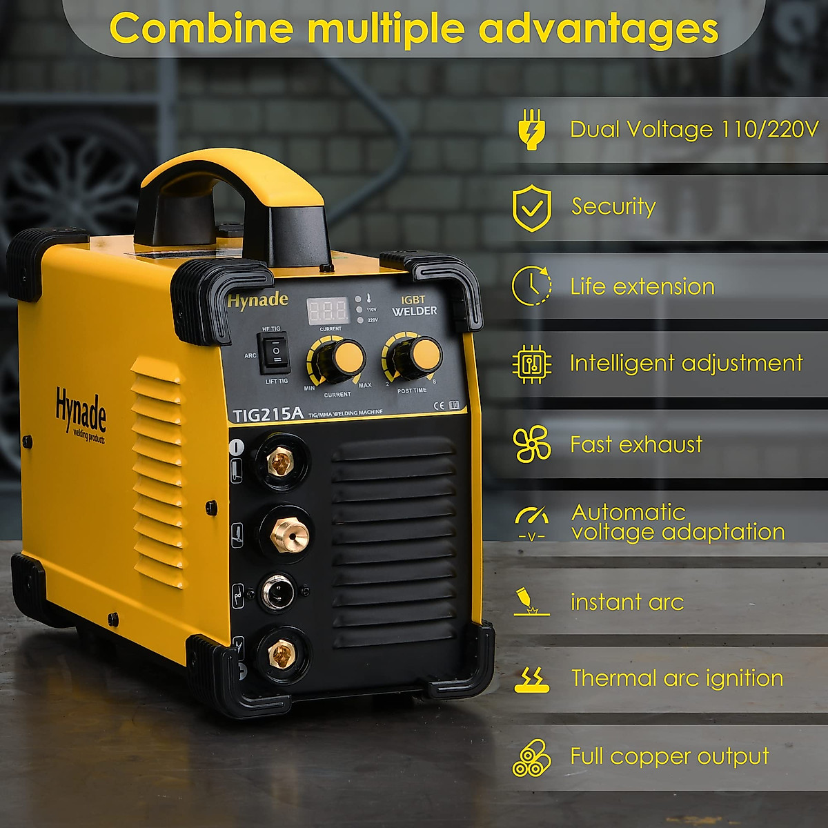 hynade Tig Welder TIG215A, HF ARC/TIG/Stick TIG Welders 215 Amp 110/220V Dual Voltage TIG Welding Machine