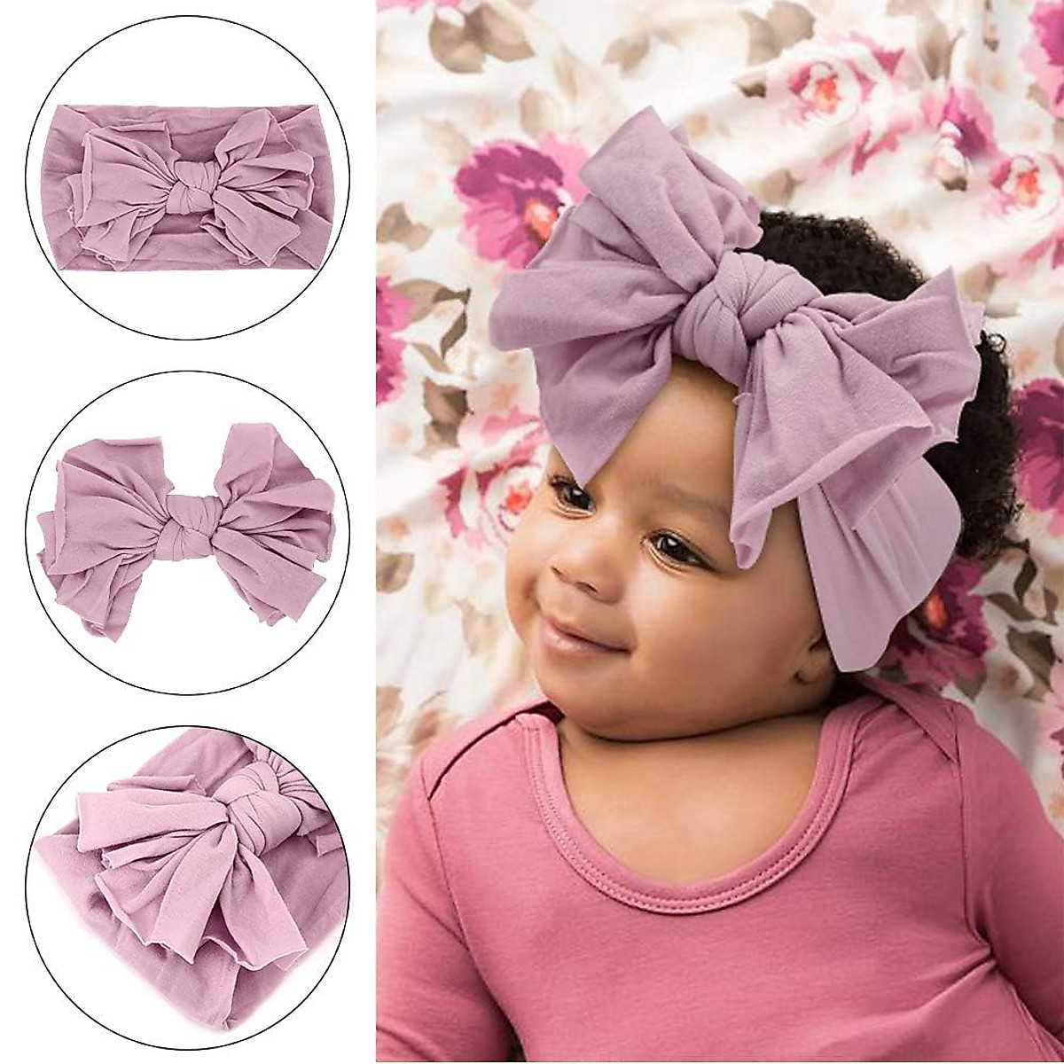Makone 8pcs Baby Girls Headbands with Bows, Nylon Stretchy Hair Bands Hair Bow Elastics Hair Accessories for Newborn Baby Infant Toddlers Kids