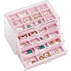 ProCase Earring Holder Organizer Jewelry Box with 5 Drawers, Acrylic Clear Earring Case with Adjustable Velvet Trays for Women - Pink, 5 Layers