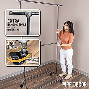 PIPE DECOR 39” x 20 ¼” x 82” Rolling Steel Pipe Double Rod Clothing Rack, Commercial or Residential Industrial Clothes Display, Heavy Duty Black Steel Metal Wheeled Garment Frame