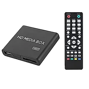 1080p HD Media Player, Mini MP4 Player Stereo Surrounding Sound with AV/HDMI/VGA/YPbPr Output with Remote Control Supports SD Cards and USB Drives Devices(US Plug)