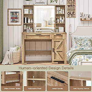 usikey Farmhouse Makeup Vanity Desk with Mirror and Lights, Glass Tabletop Makeup Vanity with Adjustable Shelves, Vanity Table Set with 2 Drawers and Side Cabinet for Bedroom, Maple