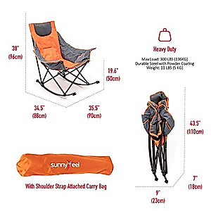 SUNNYFEEL Rocking Camping Chair, Luxury Padded Recliner, Oversized Folding Lawn Chair with Pocket, Heavy Duty for Outdoor/Picnic/Lounge/Patio, Portable Camp Rocker Chairs with Carry Bag (Orange)