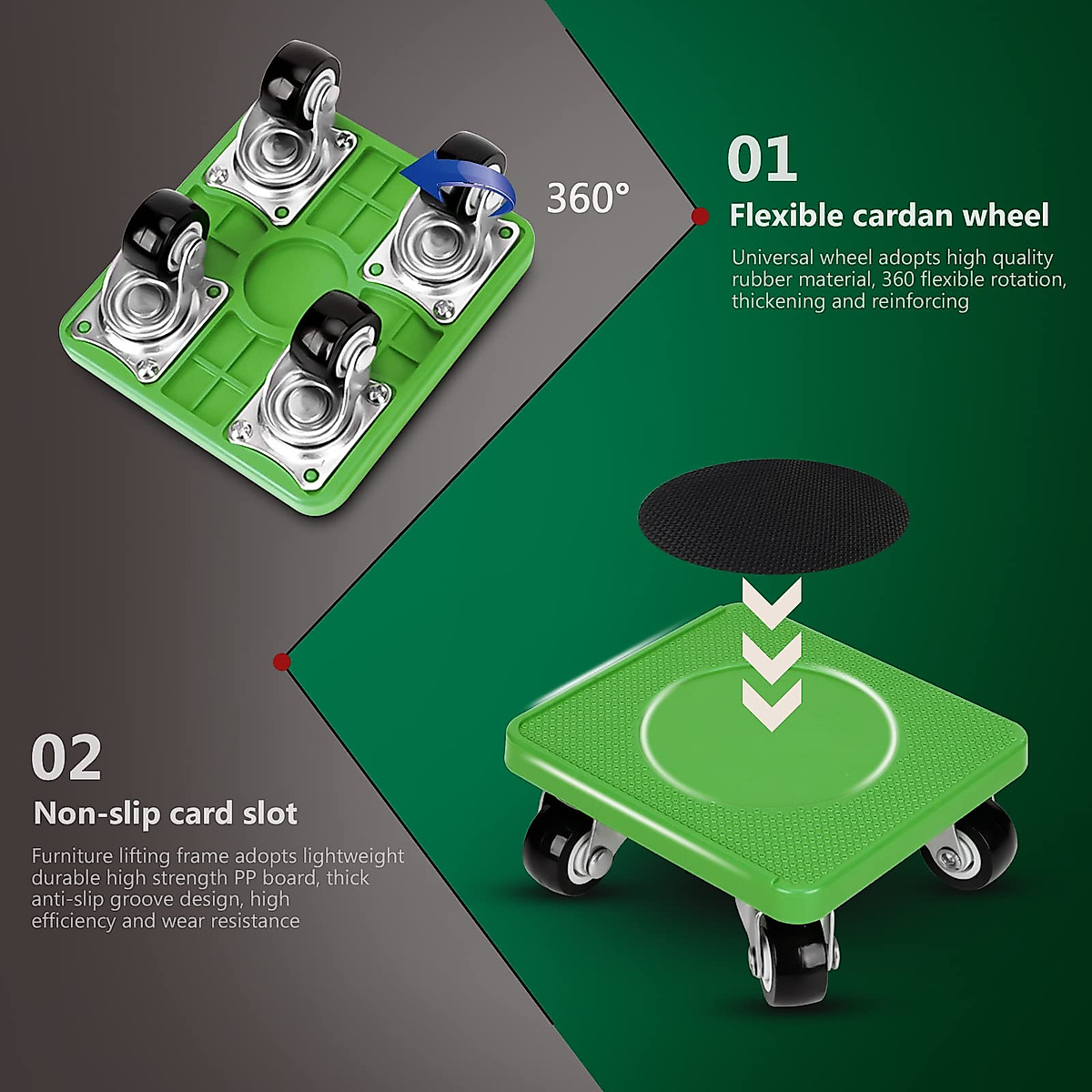 Furniture Mover Dolly with Lifter, 4 Wheel Furniture Dolly 800 LB Load Capacity, 360° Rotation Wheels Moving Dolly,Furniture Lifters for Heavy Furniture,Moving System Roller Set.（Green）