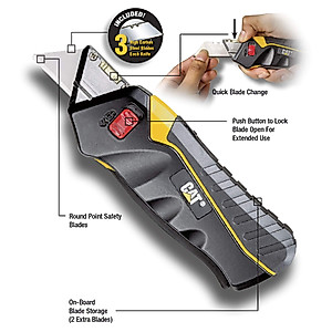 Cat Safety Utility Knife Box Cutter Self-Retracting Blade, Squeeze Handle to Extend Blade, Release to Retract, Lock Blade Open w/Switch, Ergo Handle w/ 3 Safety-Tip Blades That Store Inside - 240071