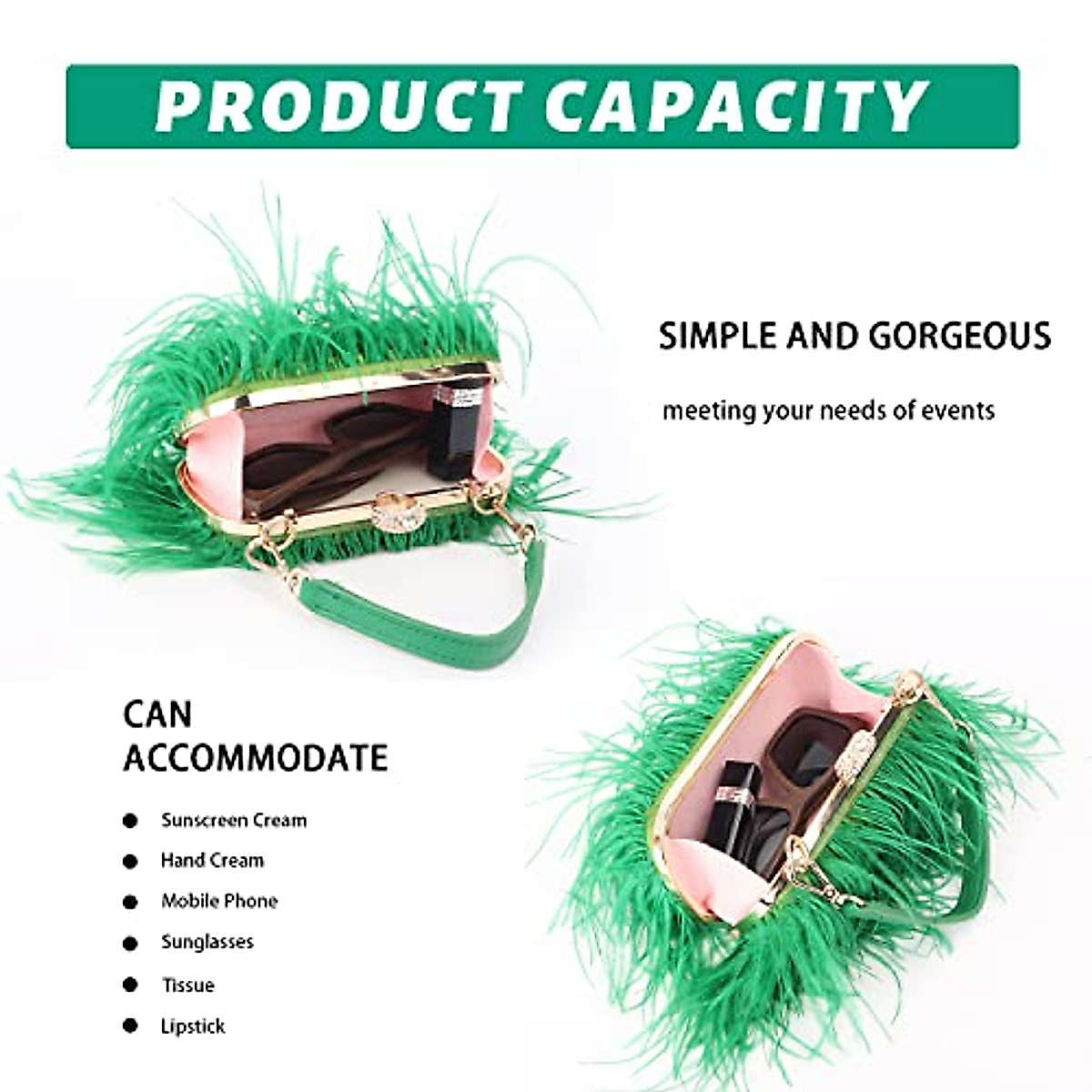 KUANG! Real Natural Ostrich Feather Clutch Evening Bag Fashion Handbag Purse for Banquet Party