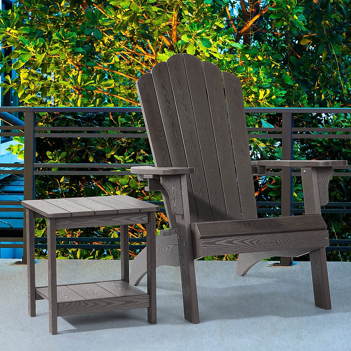 hOmeHua Weather Resistant Side Table, 17 inch Square 2-Layer Structure Wide Desktop, Imitation Wood Stripes, Easy to Assemble & Maintain, Suitable for All Indoor & Outdoor Places- Dark Brown