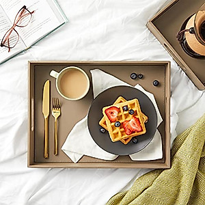 2-Pack Wooden Nesting Serving Tray Set with Stitched Faux Leather Skin and 2 Handles, Slip-Resistant Breakfast Service Tray in 2 Sizes (13.8x9.9x2.3 and 15.8x12x2.5 in, Taupe)