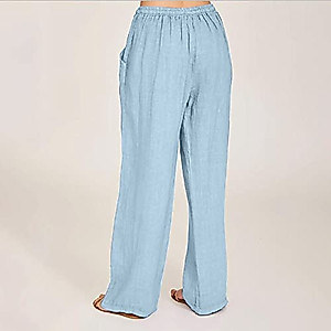 Capri Pants for Women Casual 2023 Summer Drawstring Elastic High Waist Linen Pant Straight Wide Leg Cropped Trouser high Waisted Wide Leg Pants Sky Blue XL