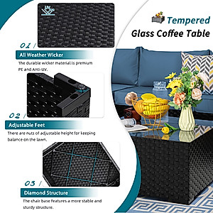 SUNLEI 7pcs Patio Conversation Sets Outdoor Furniture Sets, High Back All-Weather Rattan Sectional Sofa with Tea Table&Washable Couch Cushions(Black Rattan)（Blue）