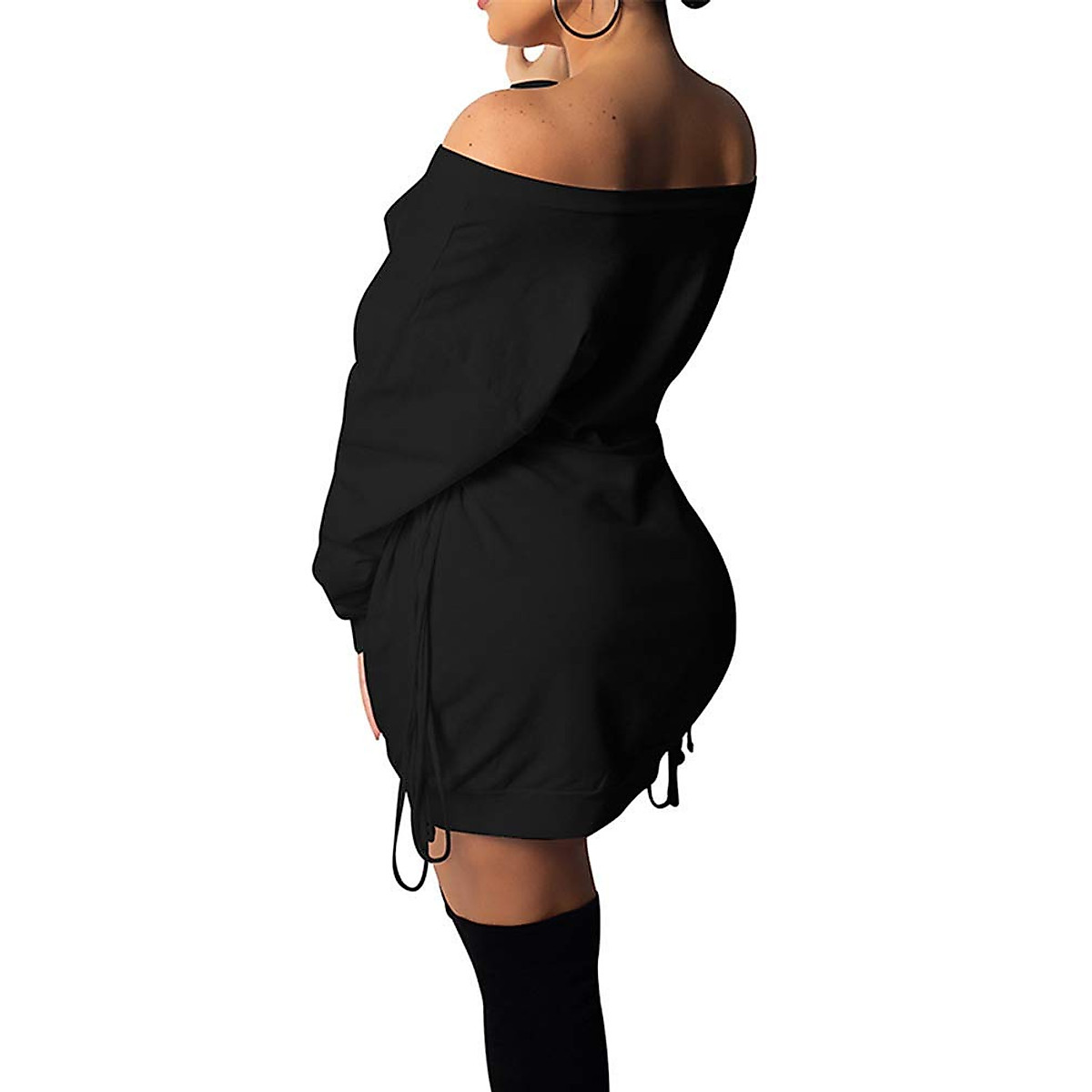 GOKATOSAU Women's Sexy Casual Off Shoulder Long Sleeve Lace Up Loose Club Mini Dress Black