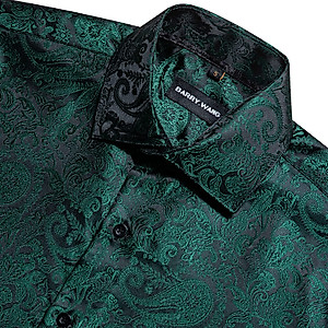 Men's Silk Shirt Paisley Floral Jacquard Short Sleeve Button Down Dress Shirts Formal Casual Wedding Party Deep Green