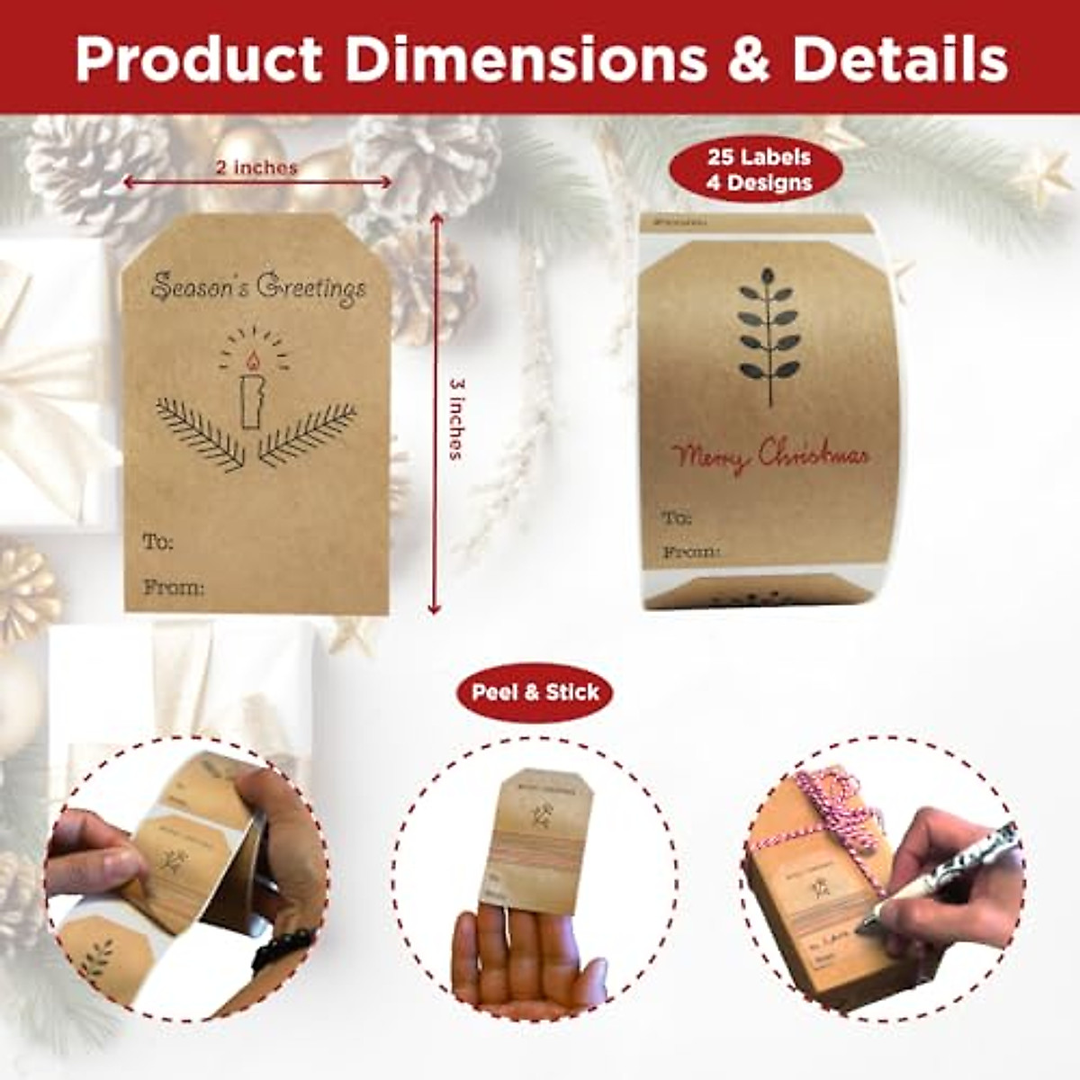 Natural Kraft Simple Christmas Gift Tags Holiday Present Stickers 2 x 3 Inch 25 Total Adhesive Labels