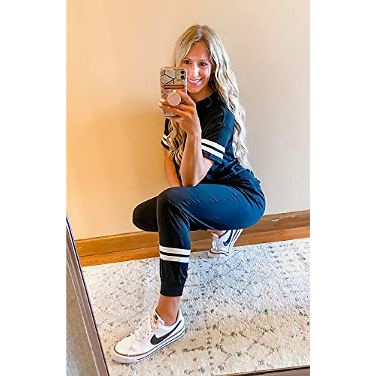 PRETTYGARDEN Women’s Summer Two Piece Outfits Striped Short Sleeve Pullover and Long Pants Tracksuit Pajama Lounge Jogging Set With Pockets (Black, Large)