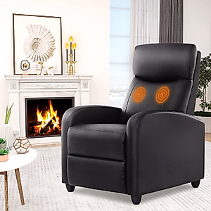 Sweetcrispy Living Room PU Leather Massage Winback Single Sofa Home Theater Adjustable Modern Reclining Chair with Padded Seat Backrest for Adults（Dark Black）
