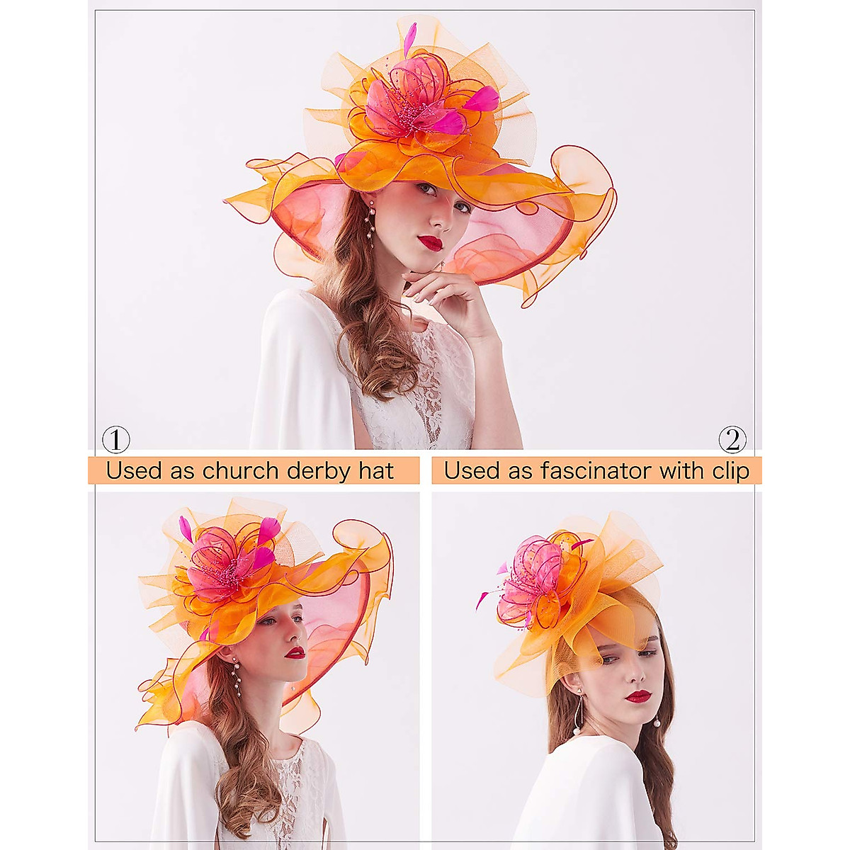 Z&X Women's Organza Church Fascinator Hair Clip Bridal Wedding Tea Party Hat Wide Brim Anti-UV Sun Hat Orange Rose