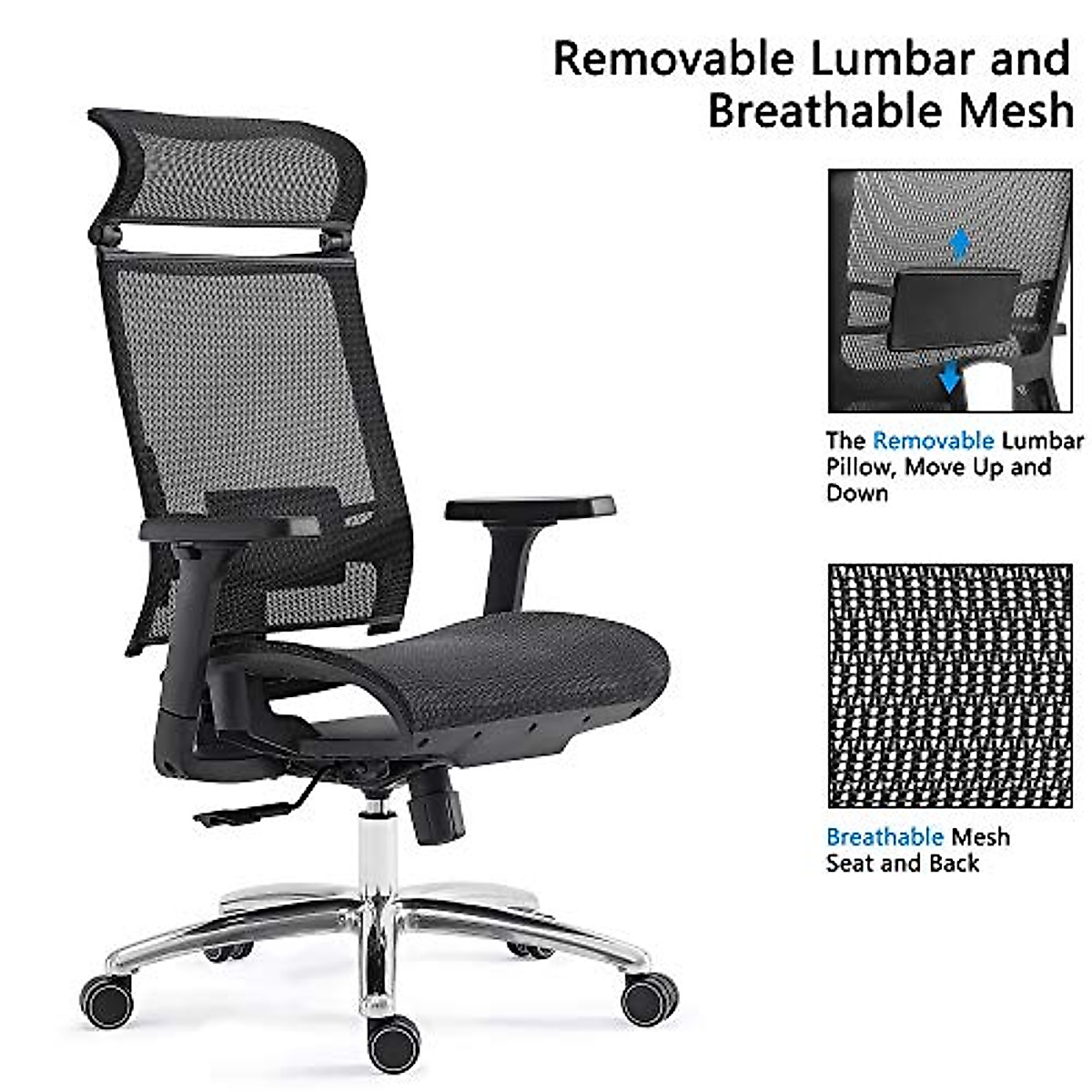 BILKOH Ergonomic Office Chair with Mesh Seat & Adjustable Lumbar Support, High Back Desk Chair with Breathable Mesh, Wide Headrest & Reclining Swivel Task Chair, 3D Armrest & Height Computer Chair