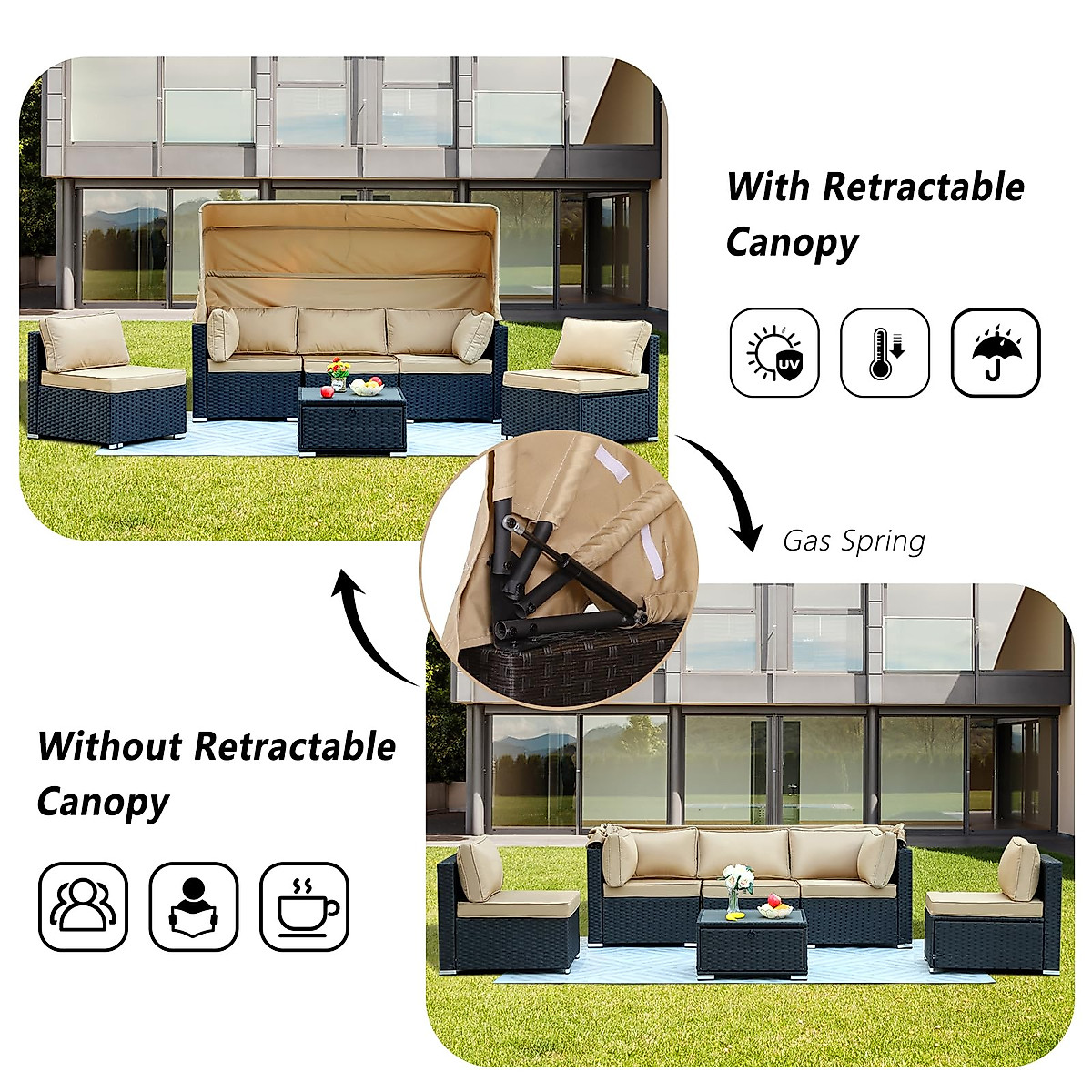 MAGIC UNION 6 Pieces Patio Furniture Sets Daybed with Retractable Canopy, Outdoor Rattan Sectional Sofa Set, Wicker Patio Seating Chairs with Adjustable Backrest for Backyard,Garden,Poolside (Khaki)