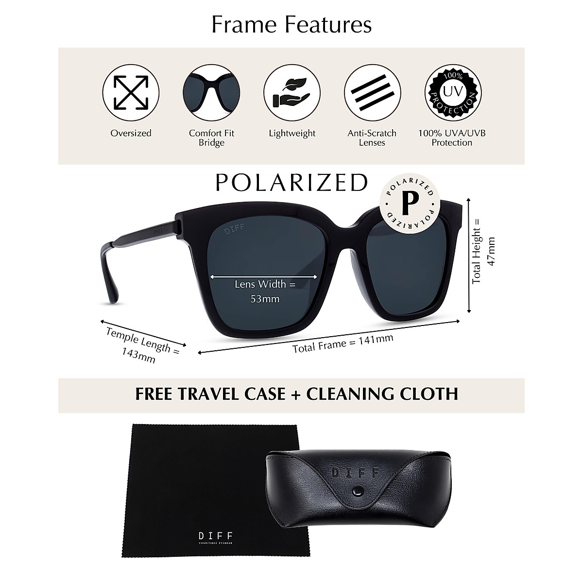 DIFF Bella Designer Oversized Square Sunglasses for Women UV400 Polarized Protection w/giftable travel case, Black + Grey