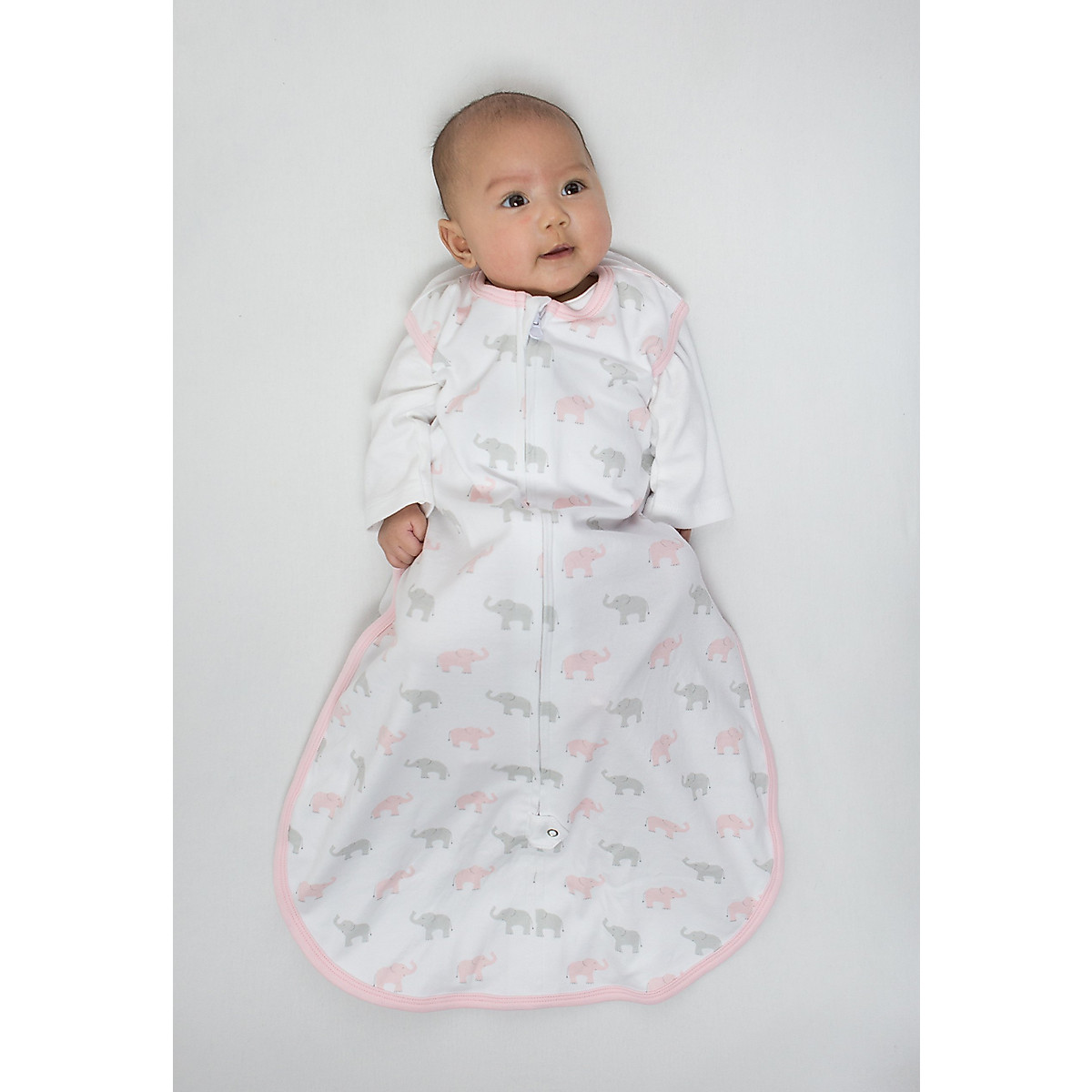 Amazing Baby Cotton Sleeping Sack, Wearable Blanket with 2-way Zipper, Pastel Pink + Gray Tiny Elephants, Small (0-6 mo)