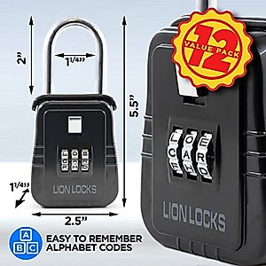 Lion Locks 12-Pack Alpha Key Storage Lockbox, Set-Your-Own Code Lock, Portable Key Holder, Rust-Proof Secure Outdoor Safe, Hide-a-Key Safe Box, Lock Box, Airbnb, Construction (12-Pack/Black)