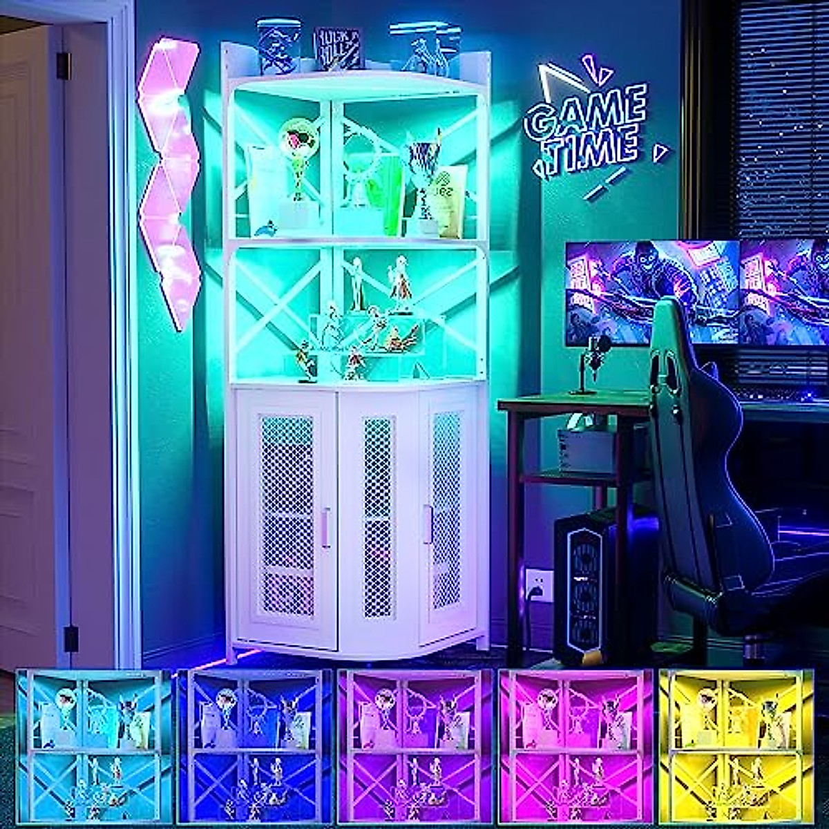 Aheaplus Corner Bar Cabinet with Power Outlet, Industrial Wine Cabinet with LED Strip and Glass Holder, 5-Tiers Liquor Cabinet Bar Unit for Home, Corner Display Cabinet for Small Space, White