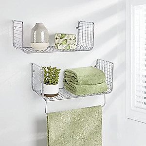 mDesign Metal Wire Farmhouse Wall Decor Storage Organizer Shelving Set - 1 Shelf with Towel Bar for Bathroom, Laundry Room, Kitchen, Garage - Wall Mount, 2 Pieces - Chrome