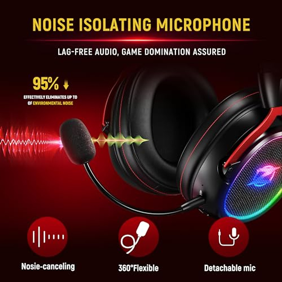 Ozeino Wireless Gaming Headset for PS5 PS4 PC Laptop -7.1 Surround Sound, Detachable Noise-Canceling Mic, 33H Playtime, 50mm Driver PS5 Headset