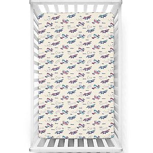 Vintage Airplane Themed Fitted Mini Crib Sheets,Portable Mini Crib Sheets Toddler Bed Mattress Sheets-Crib Mattress Sheet or Toddler Bed Sheet,24“ x38“,Multicolor
