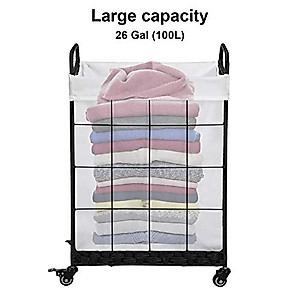 Laundry Hamper with Heavy Duty Rolling Lockable Wheels; Durable Laundry Basket with Detachable Liner Bag; Collapsible Clothes Hamper with Metal Handle (White)