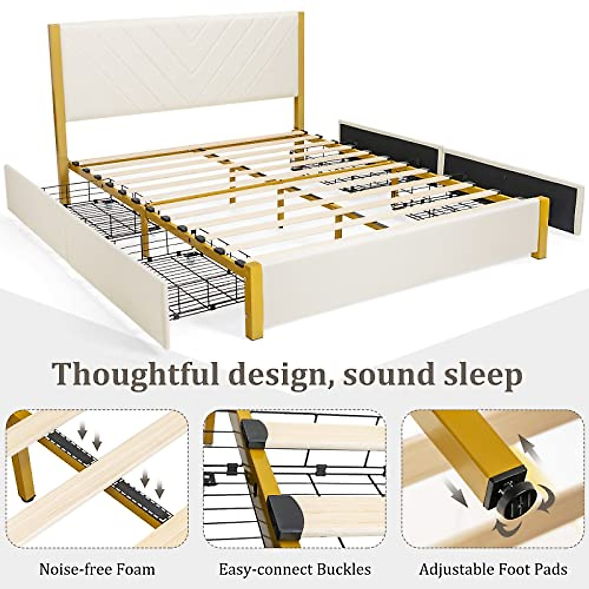 Giantex Full Size Upholstered Bed Frame, Wooden Slatted Bed with Adjustable Headboard & 4 Storage Drawers, Deluxe Platform Bed Frame with 1300 LBS Weight Capacity, No Box Spring Needed, Gold&Beige