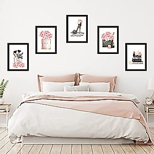 KALYLOC 6Pcs Pink Fashion Women Canvas Wall Art Prints, Pink Flower Perfume Makeup Brush High Heels Handbags Pictures Paintings, Art Decorations for Living Room Bedroom Office (8''x12'' in Unframed)