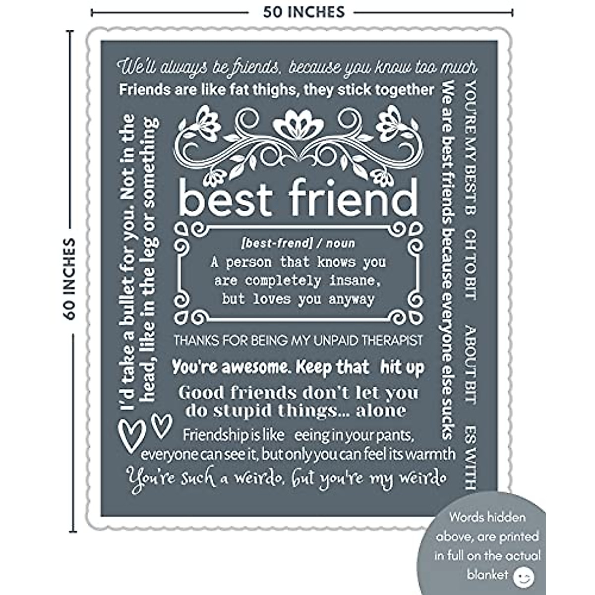 FILO ESTILO Funny Best Friend Blanket, Best Friend Mothers Day or Birthday Gifts for Women, Female, Bestie Blanket with Fun Quotes, Unique Friendship Presents, 60x50 Inches (Grey, Sherpa)