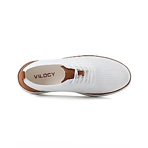 VILOCY Men's Dress Sneakers Oxfords Casual Business Shoes Lace Up Lightweight Walking Knit Mesh Fashion Sneakers White,EU44