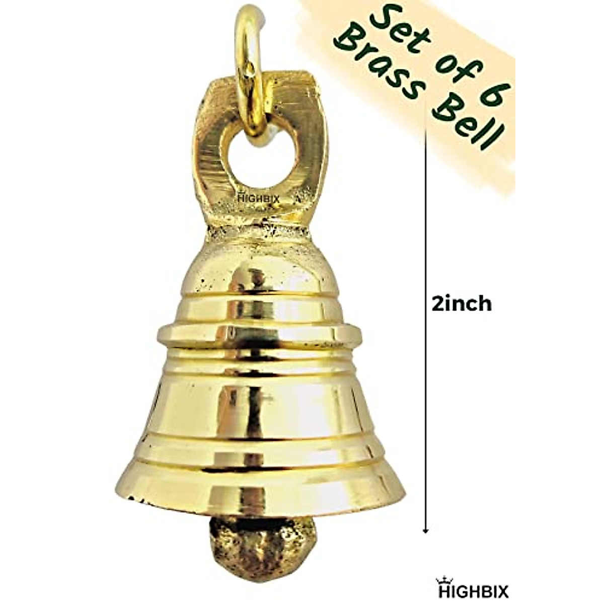 HIGHBIX Solid Brass Jingle Bells Set of 6 Hanging Harmony Festive Décor Handmade Brass Bells with Hooks