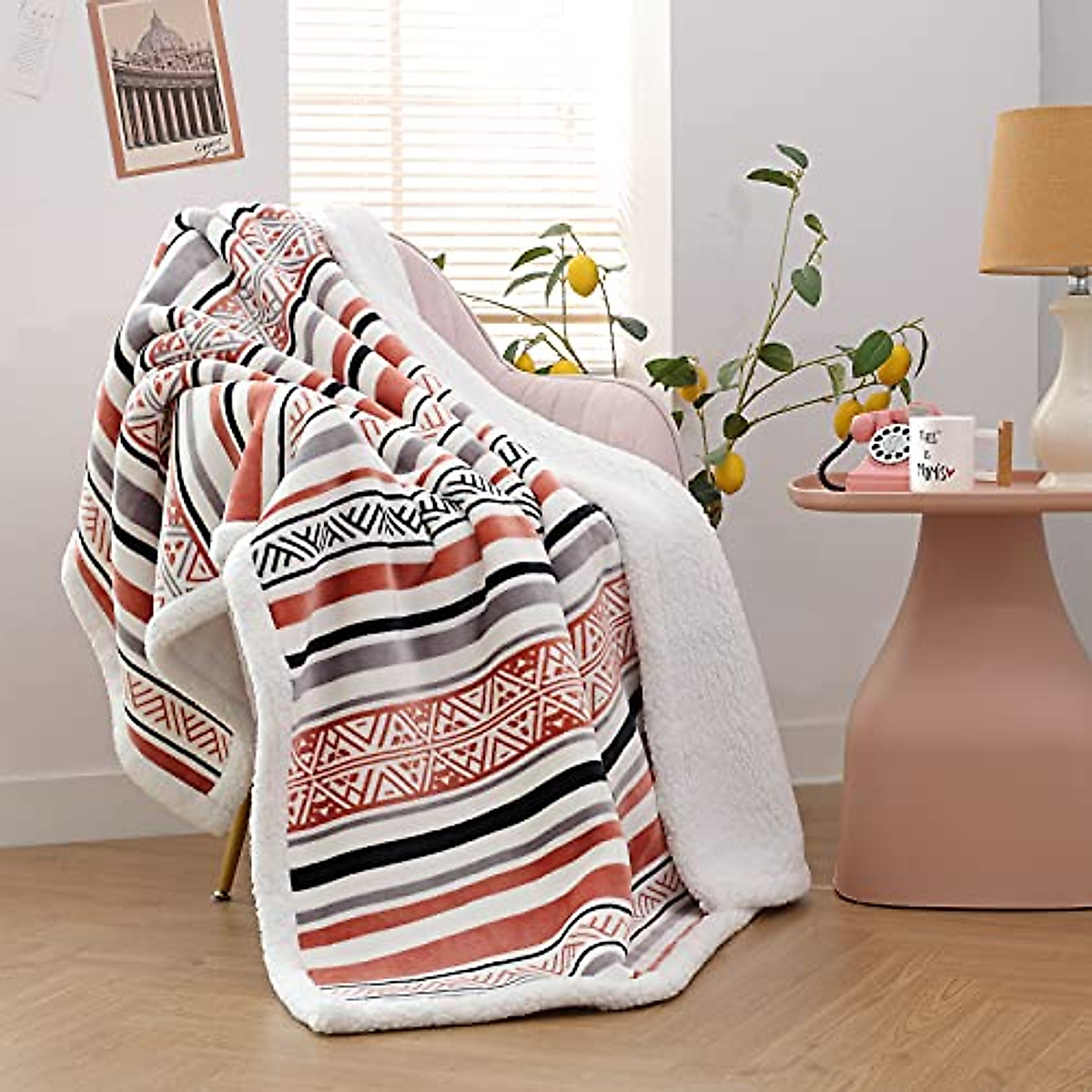 SOCHOW Sherpa Fleece Throw Blanket, Fuzzy Warm Super Soft Reversible Stripe Geometric Pattern Plush Blanket for Bed, Sofa and Couch, 60 x 80 inches, Coral Pink